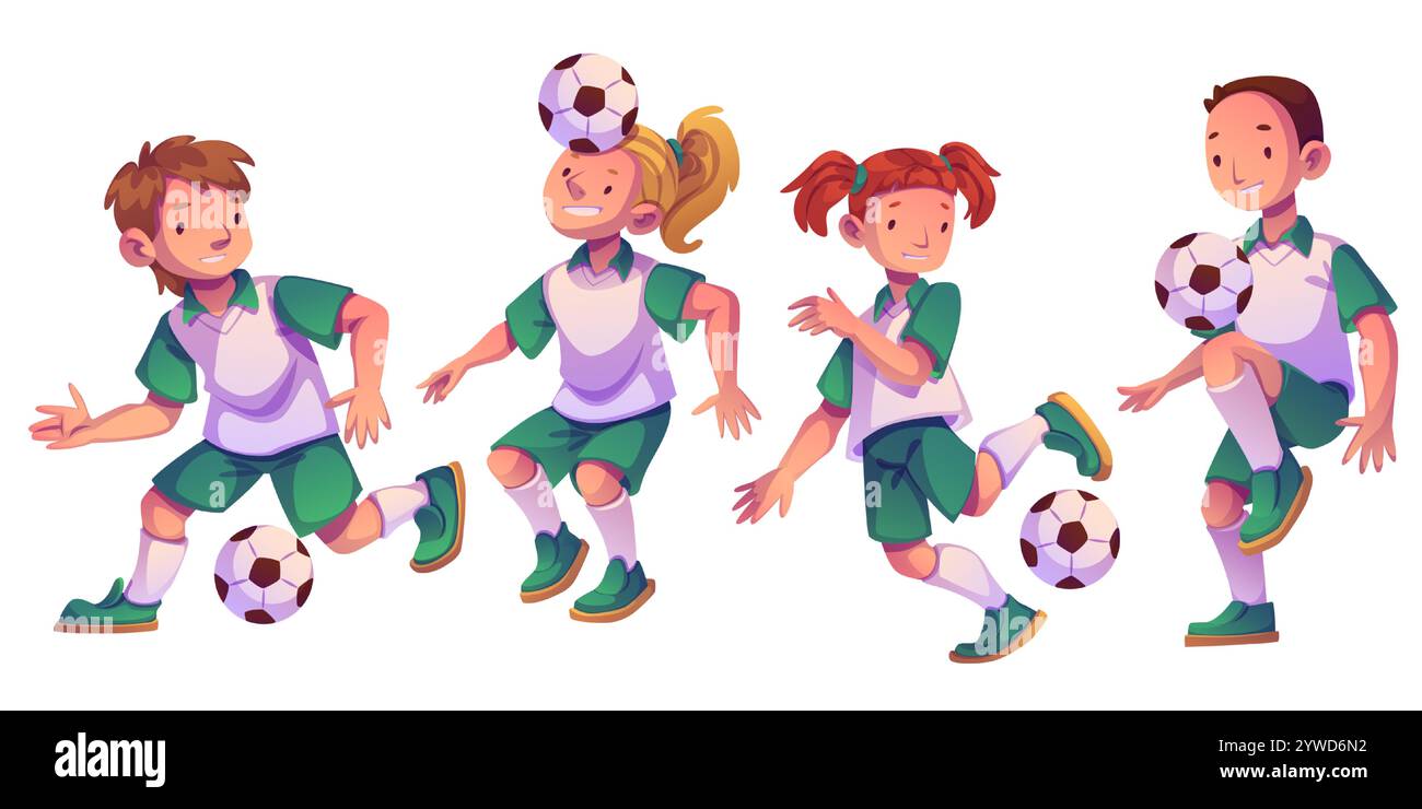 Sport kids character set - children playing soccer in white and green ...