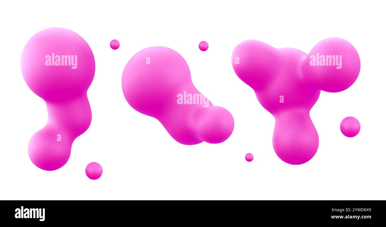 Bright pink 3d blobs with smooth rounded shapes floating on white background. Abstract liquid ...