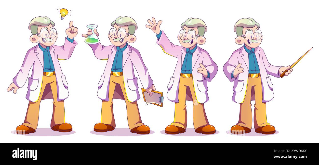 Professor chemist cartoon character set in lab coat with potion flask ...