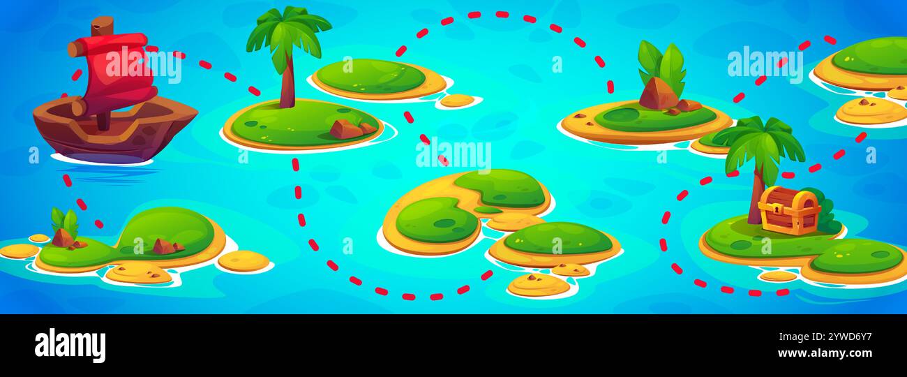 Pirate game map. Vector cartoon illustration of tropical islands with ...
