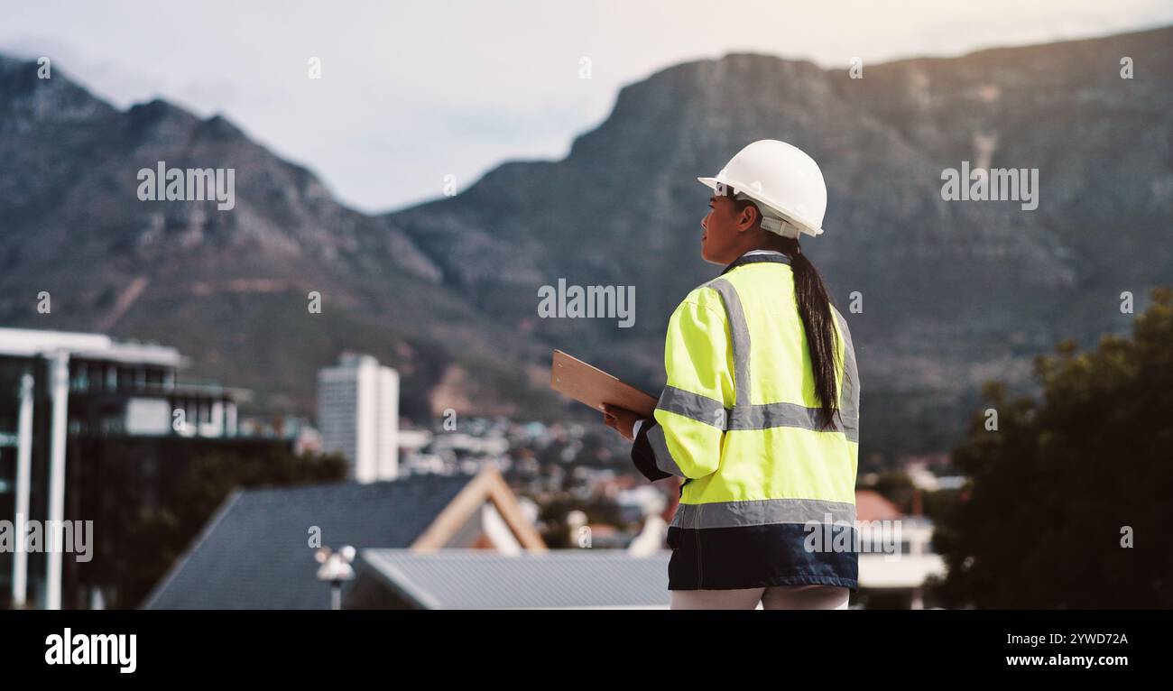 Engineer, woman and clipboard with building inspection for location ...