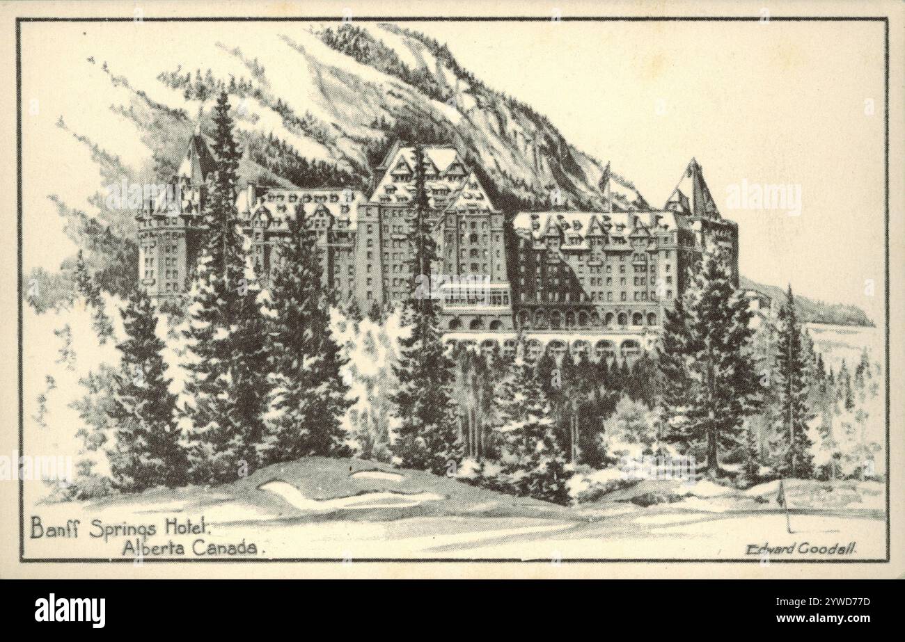 Vintage postcard of a pencil drawing by Edward Goodall of Banff Springs Hotel, Banff, Alberta ...