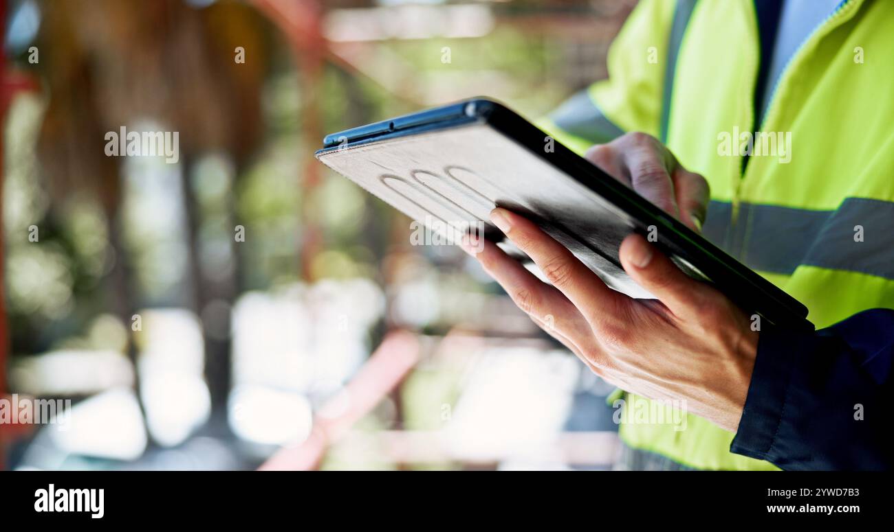 Hands, tablet and construction worker with typing, person and ...