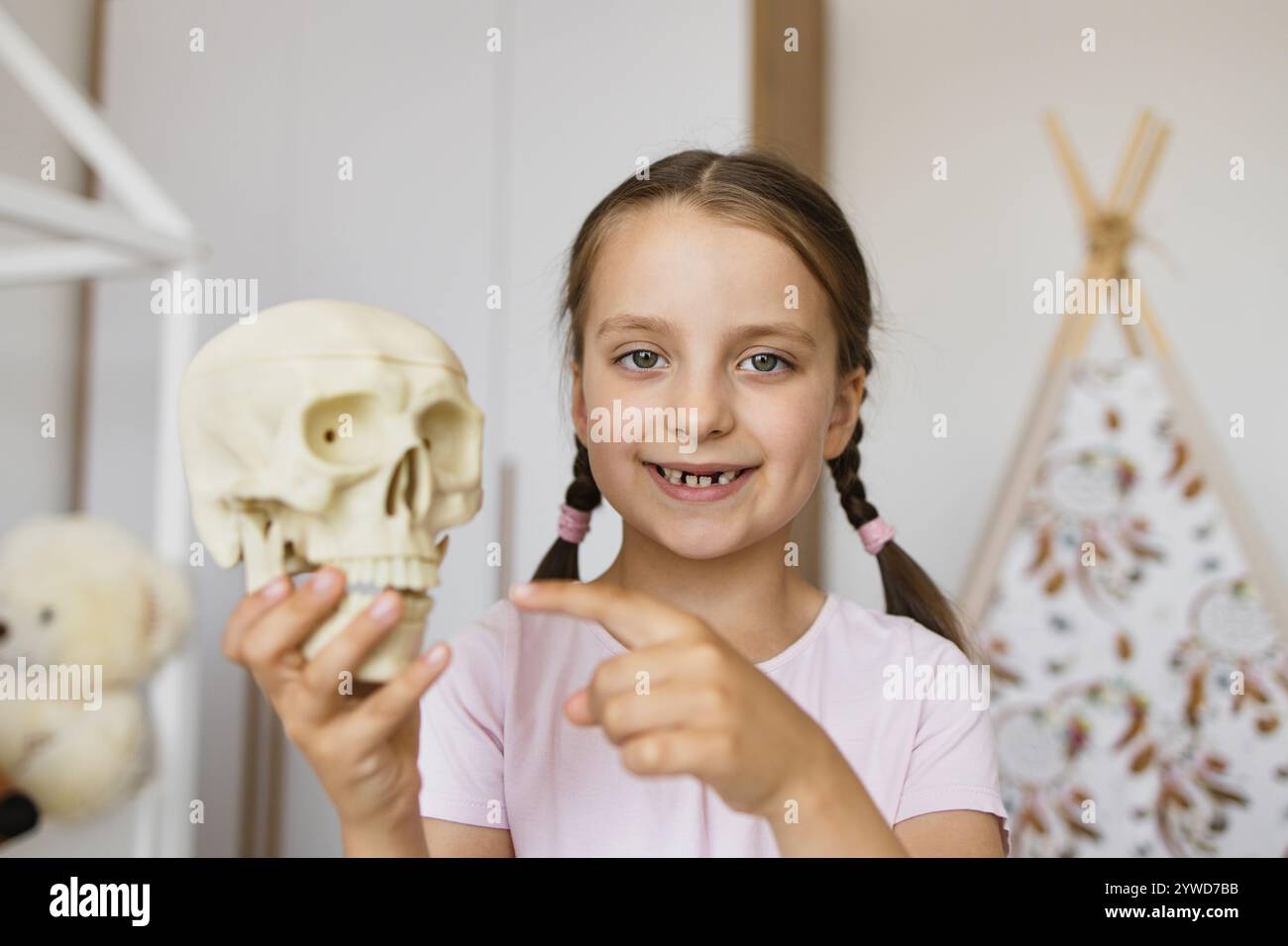 Portrait of little Caucasian girl with missing baby teeth holding human ...