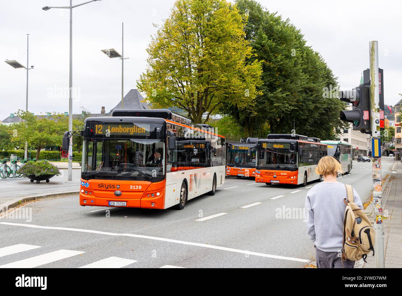 Bergen city centre public transport single decker buses Stock Photo - Alamy