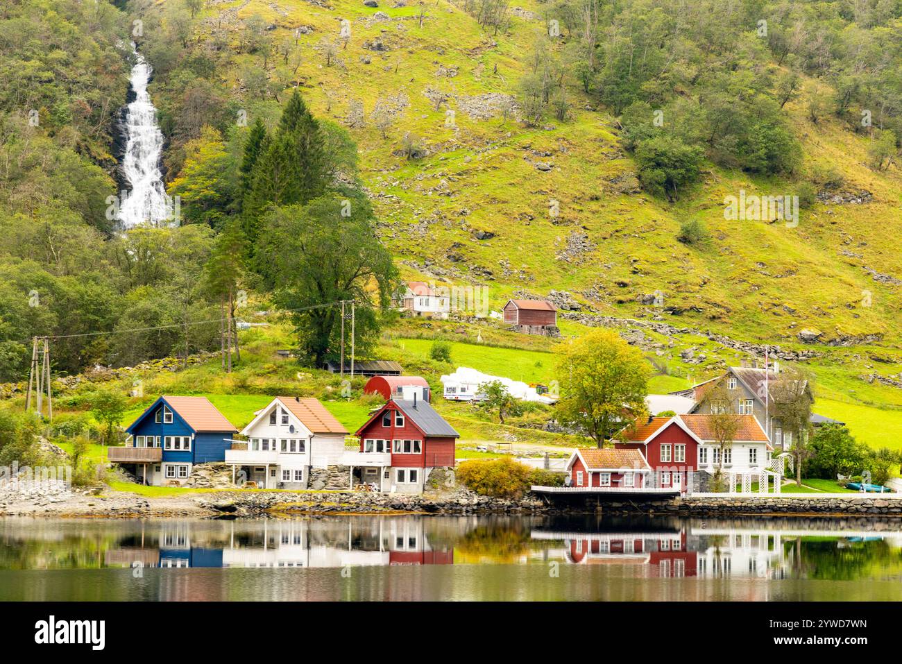 The farming village of Dyrdal on the shore of Naeroyfjord, a unesco ...