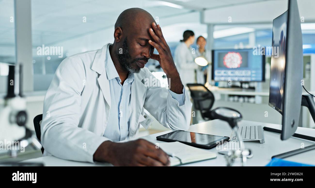 Thinking, tired and scientist with headache, lab and burnout for ...