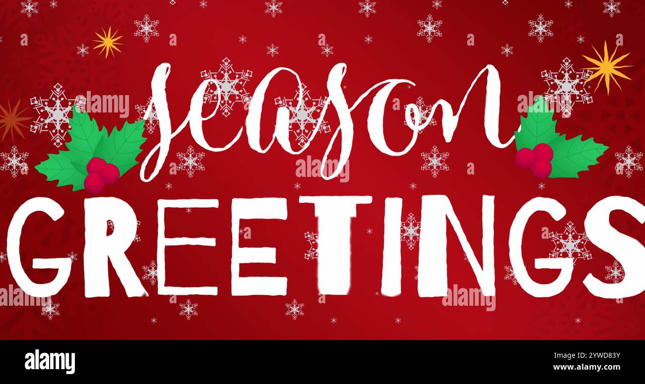 Image of snow falling over season greetings text. Christmas ...