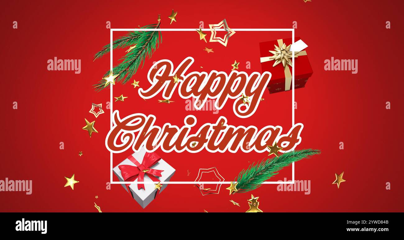 Image of happy christmas text over presents Stock Photo - Alamy