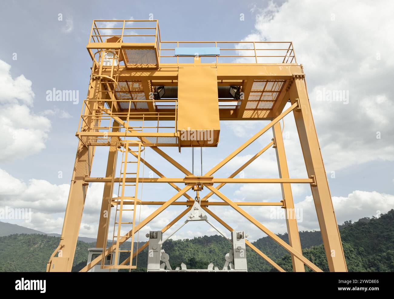 Nakhon Nayok, Thailand - 07 Dec, 2024 - View of Yellow gantry overhead crane control watergate ...