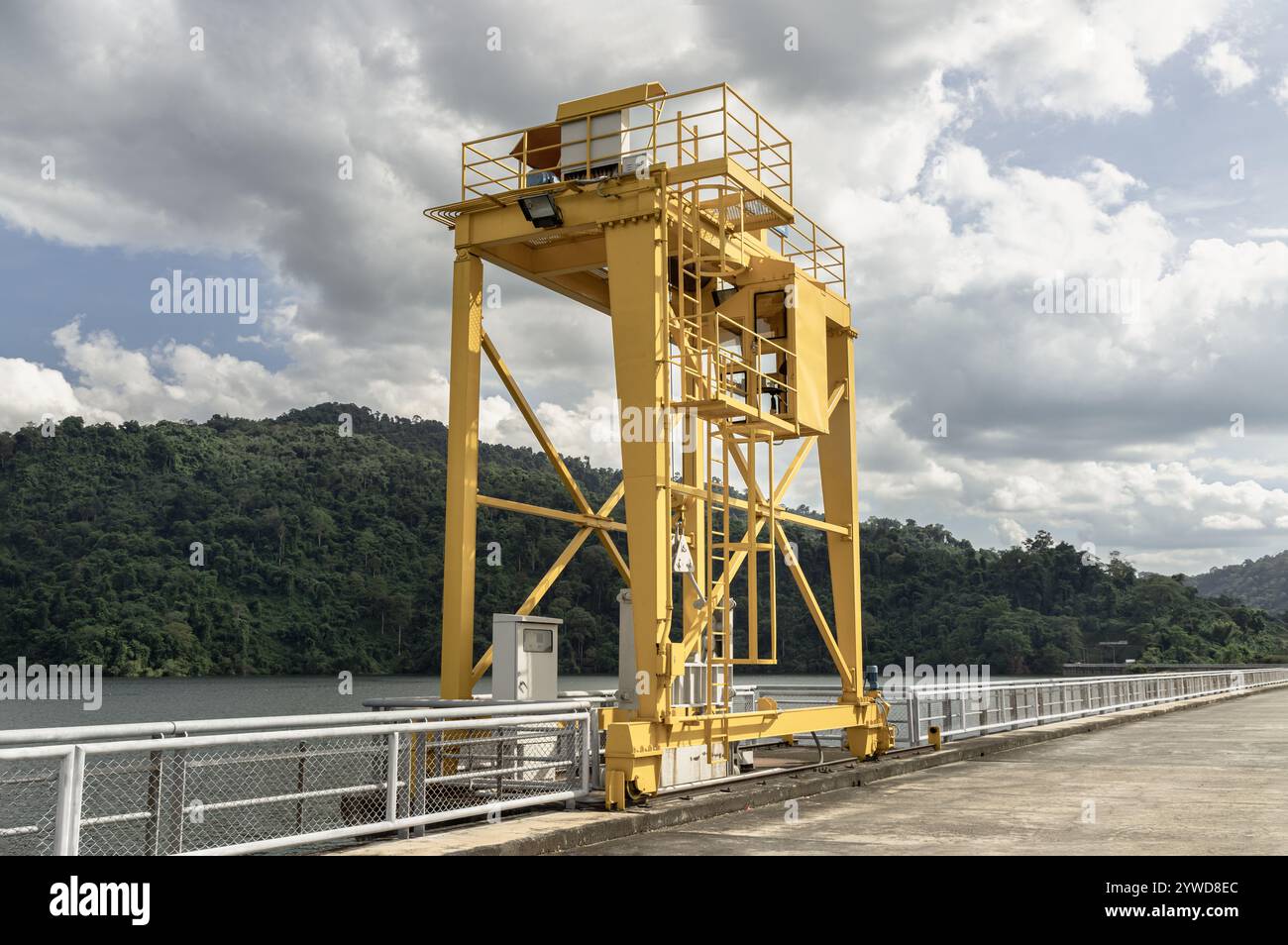Nakhon Nayok, Thailand - 07 Dec, 2024 - View of Yellow gantry overhead crane control watergate ...