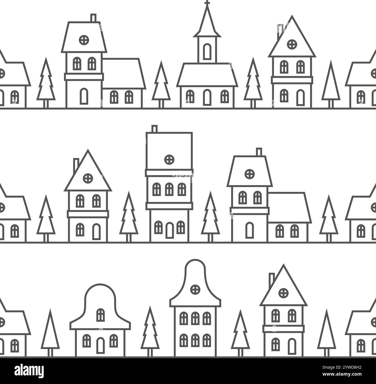 Christmas winter houses. Outline silhouette of neighborhood. Seamless ...