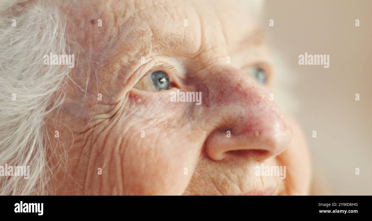 Thinking, senior woman and relax at retirement home for past life, nostalgia and remember with ...