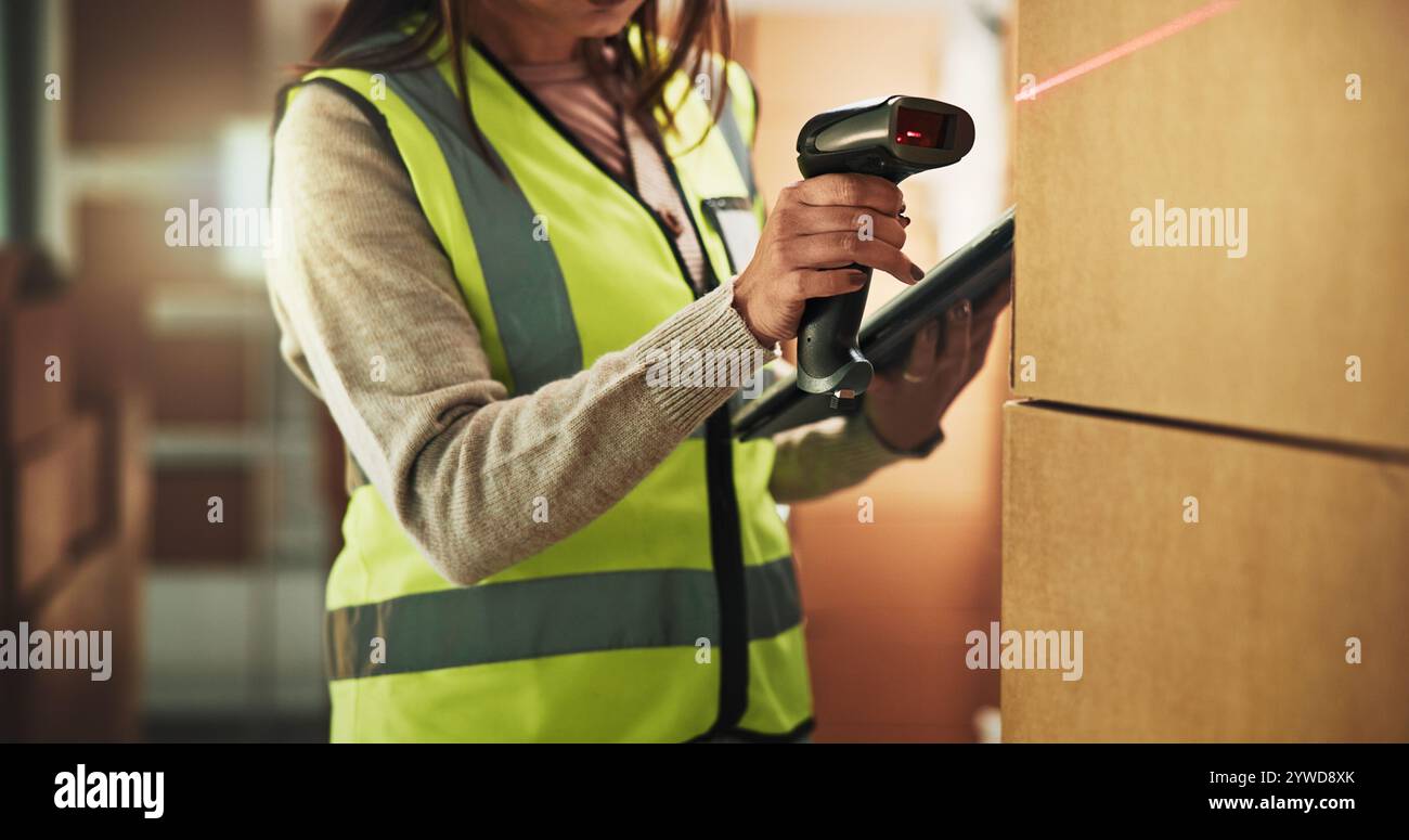 Hands, boxes and scan for logistics at warehouse with tablet, inventory ...