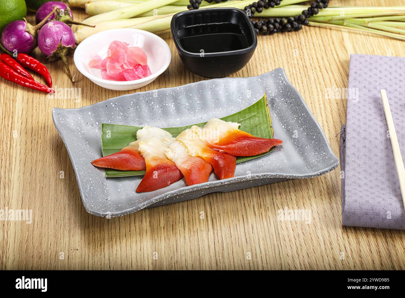 The stimpson surf clam or hokkigai sashimi - japanese food style Stock ...