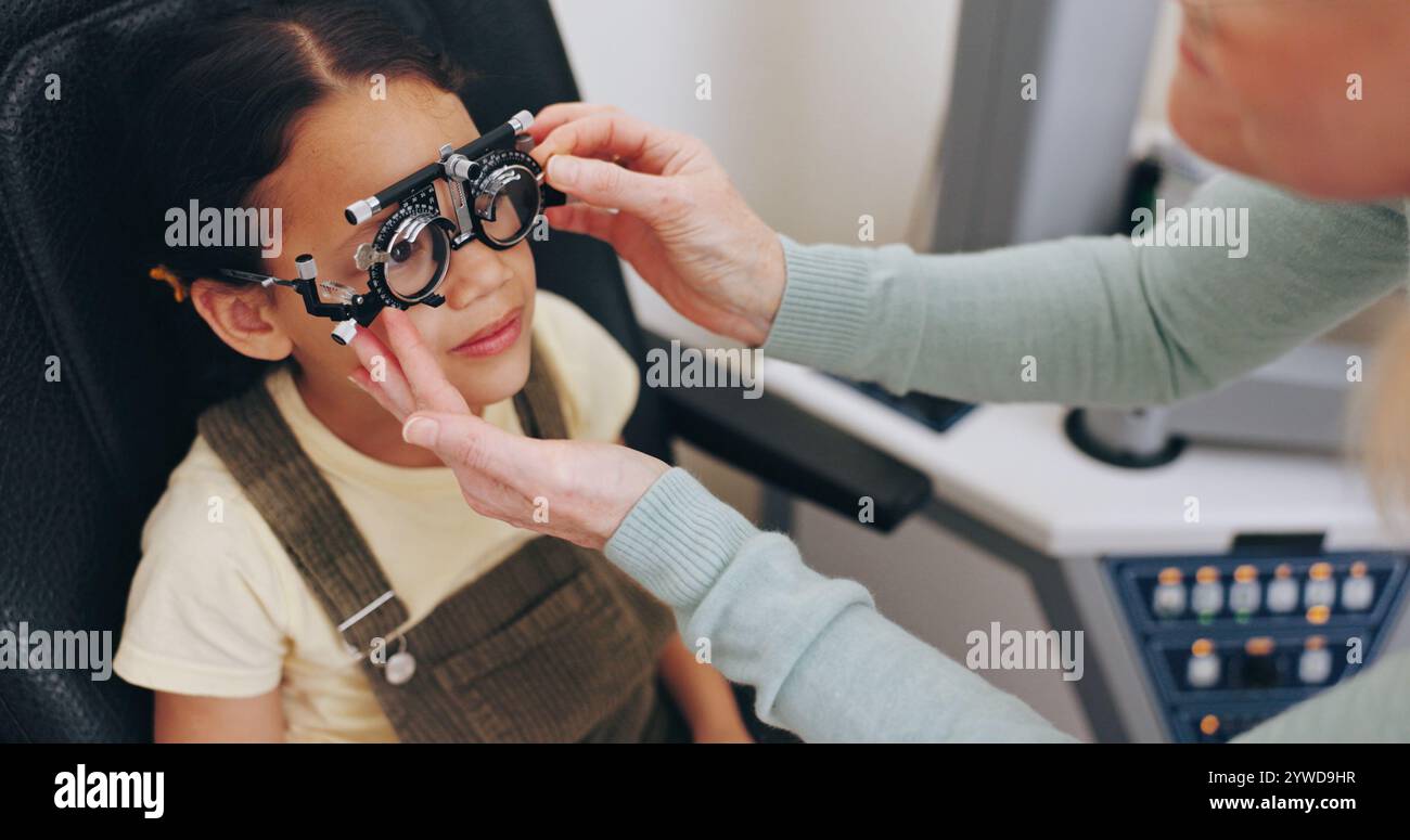 Trial frame, hands or girl in eye test at optometry clinic for eyewear ...