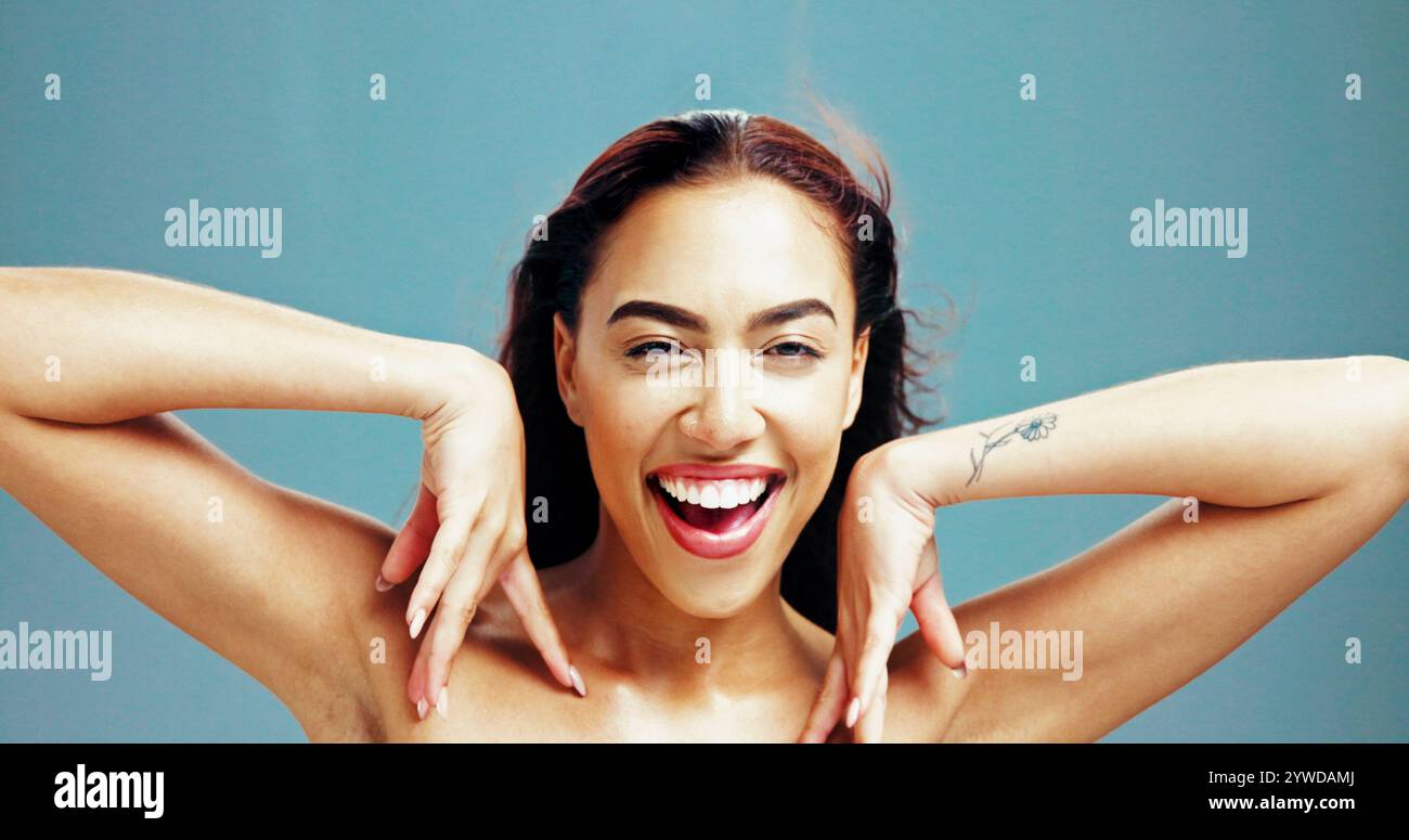 Excited, skincare and portrait of woman with beauty, glow and shine on ...