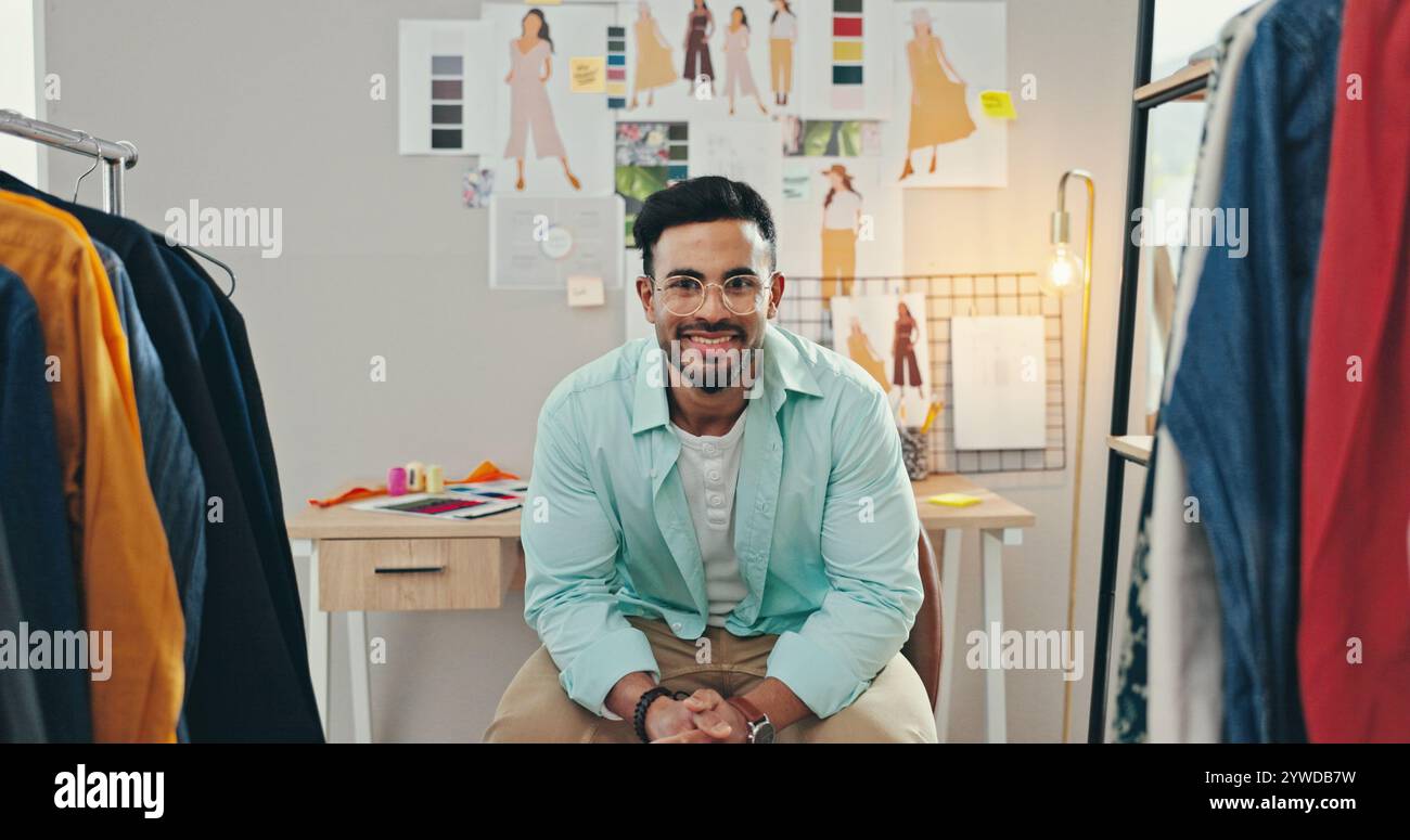 Clothes, creative and portrait of fashion designer man in textile ...