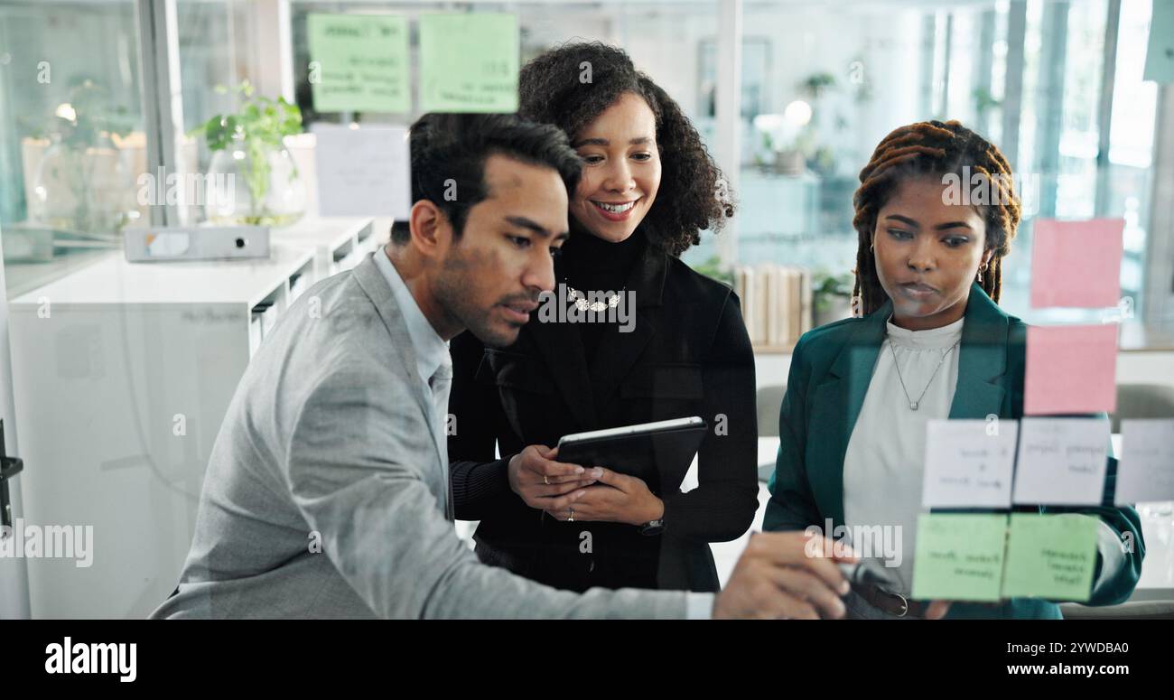 Teamwork, writing and business people on tablet in office for schedule ...