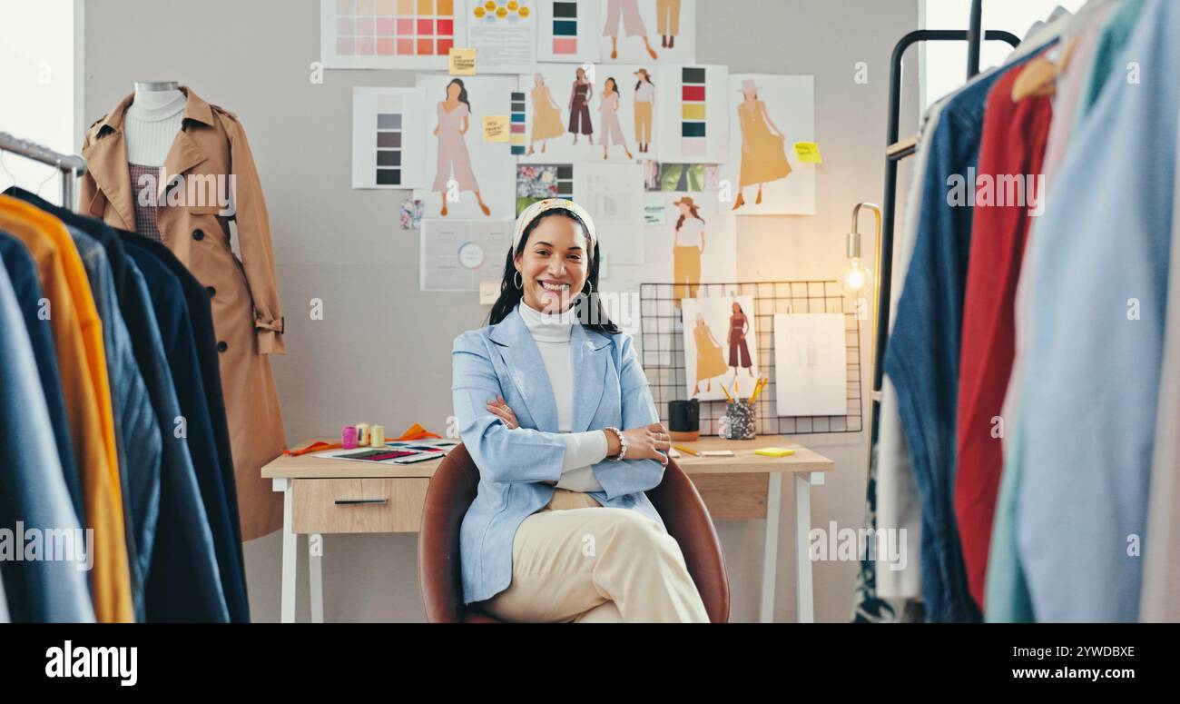 Arms crossed, clothes and portrait of fashion designer woman in textile ...