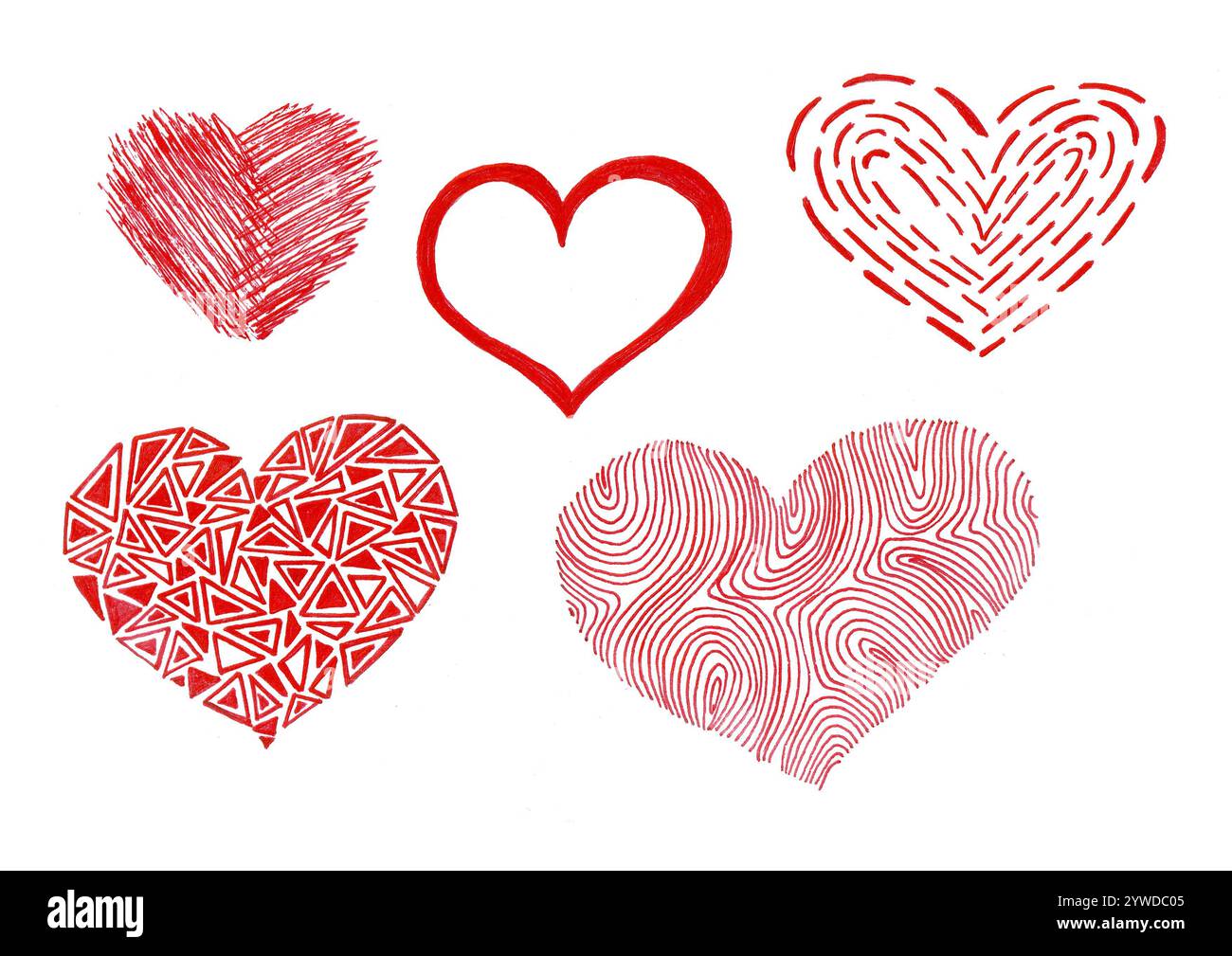 Set of hearts. Doodle. Drawings in red. All have different shapes and ...