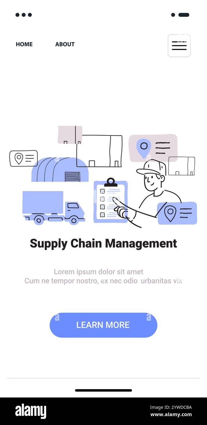 Supply chain management concept logistics warehouse truck checklist worker icons minimalist ...