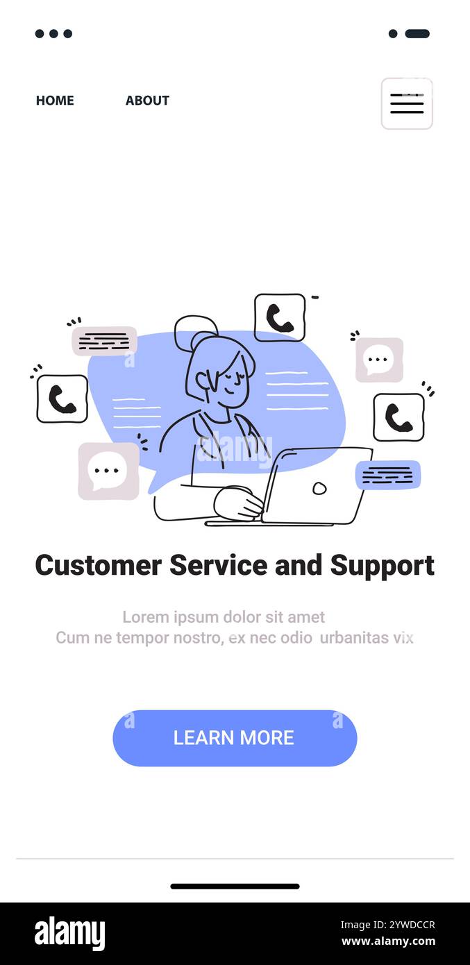 Customer support concept woman laptop communication icons blue accents ...