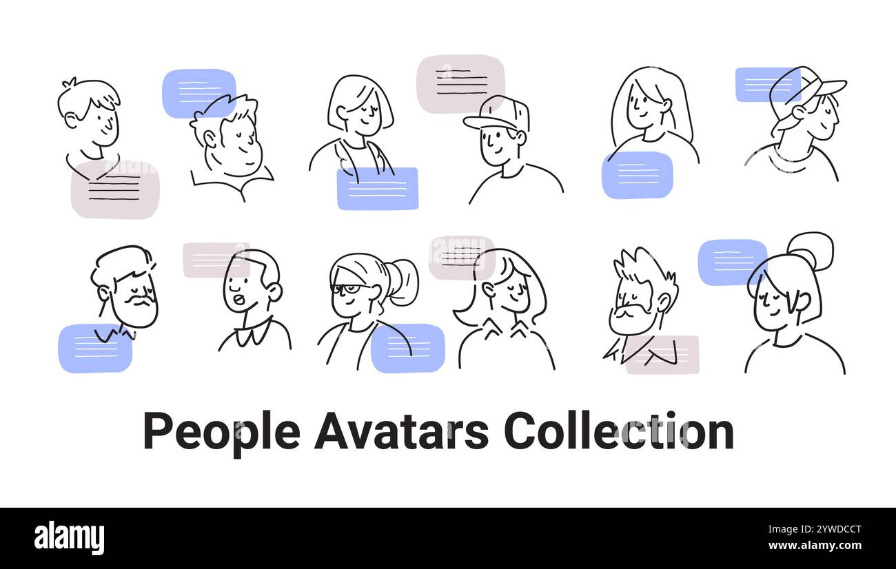 People avatars collection diverse faces doodle style with speech ...