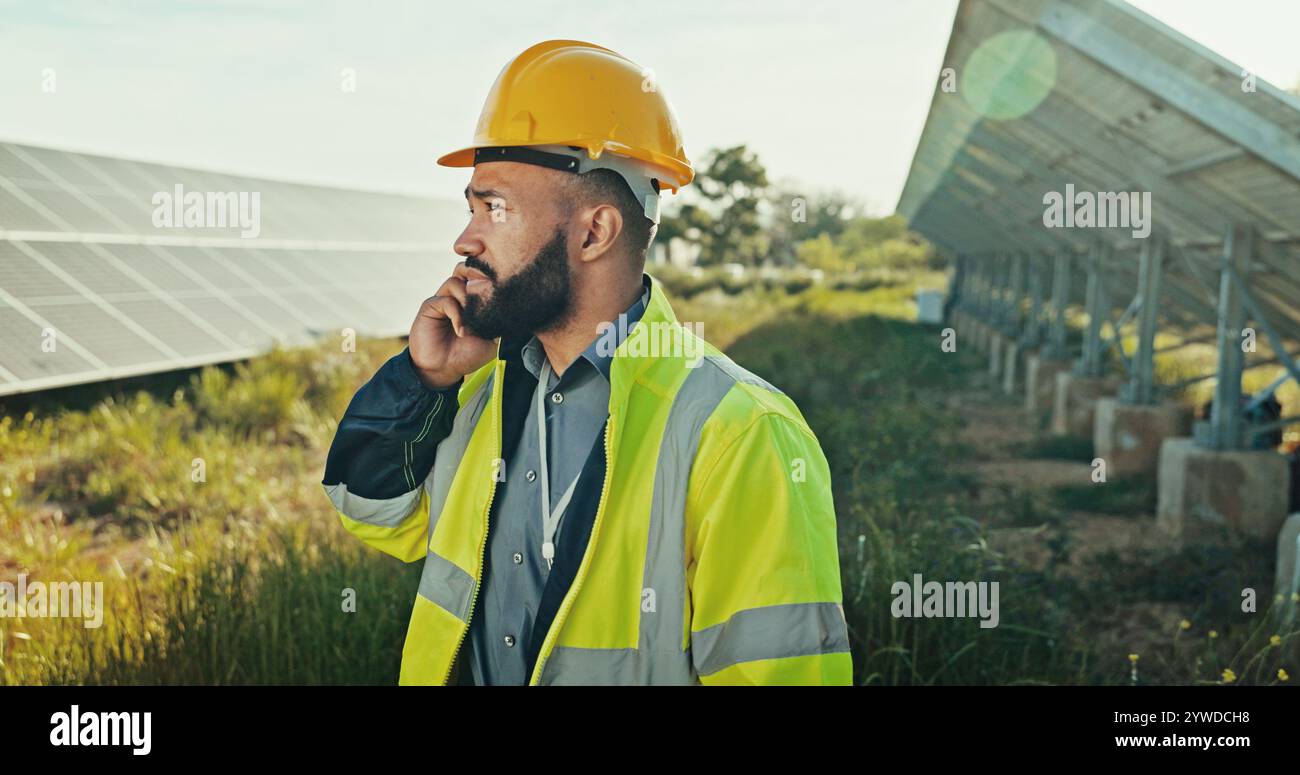 Engineer, solar panel and man with phone call outdoor for photovoltaic ...