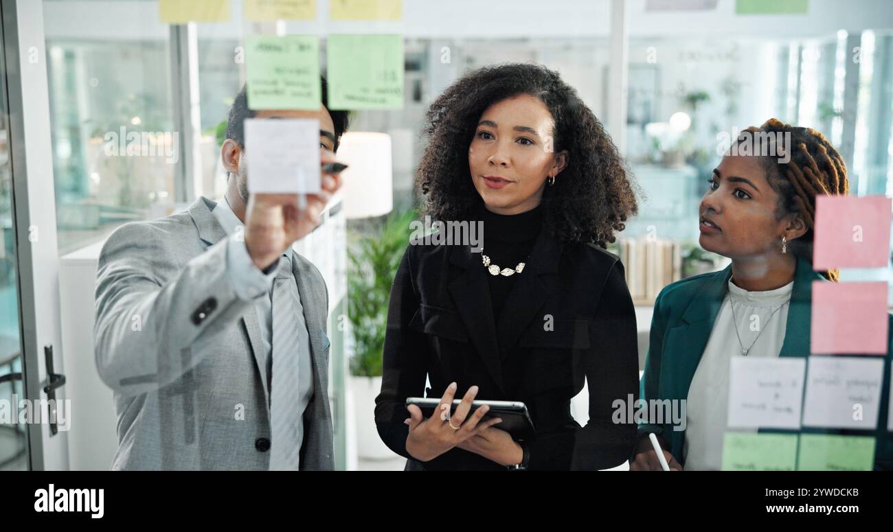Teamwork, meeting and business people on tablet in office for schedule ...