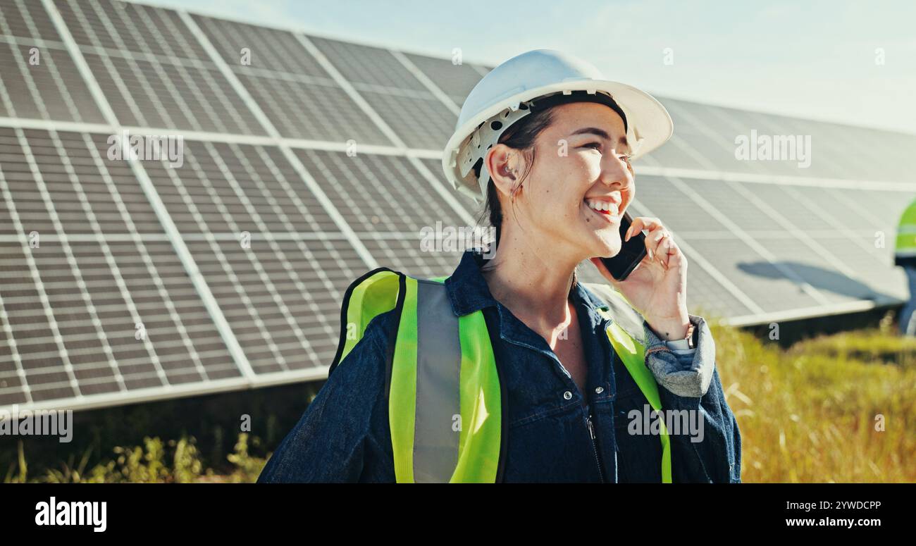 Engineer, solar energy and woman with phone call outdoor for ...