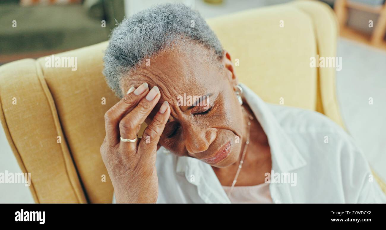 Sad, senior and thinking with black woman on sofa for reflection, depression and retirement ...
