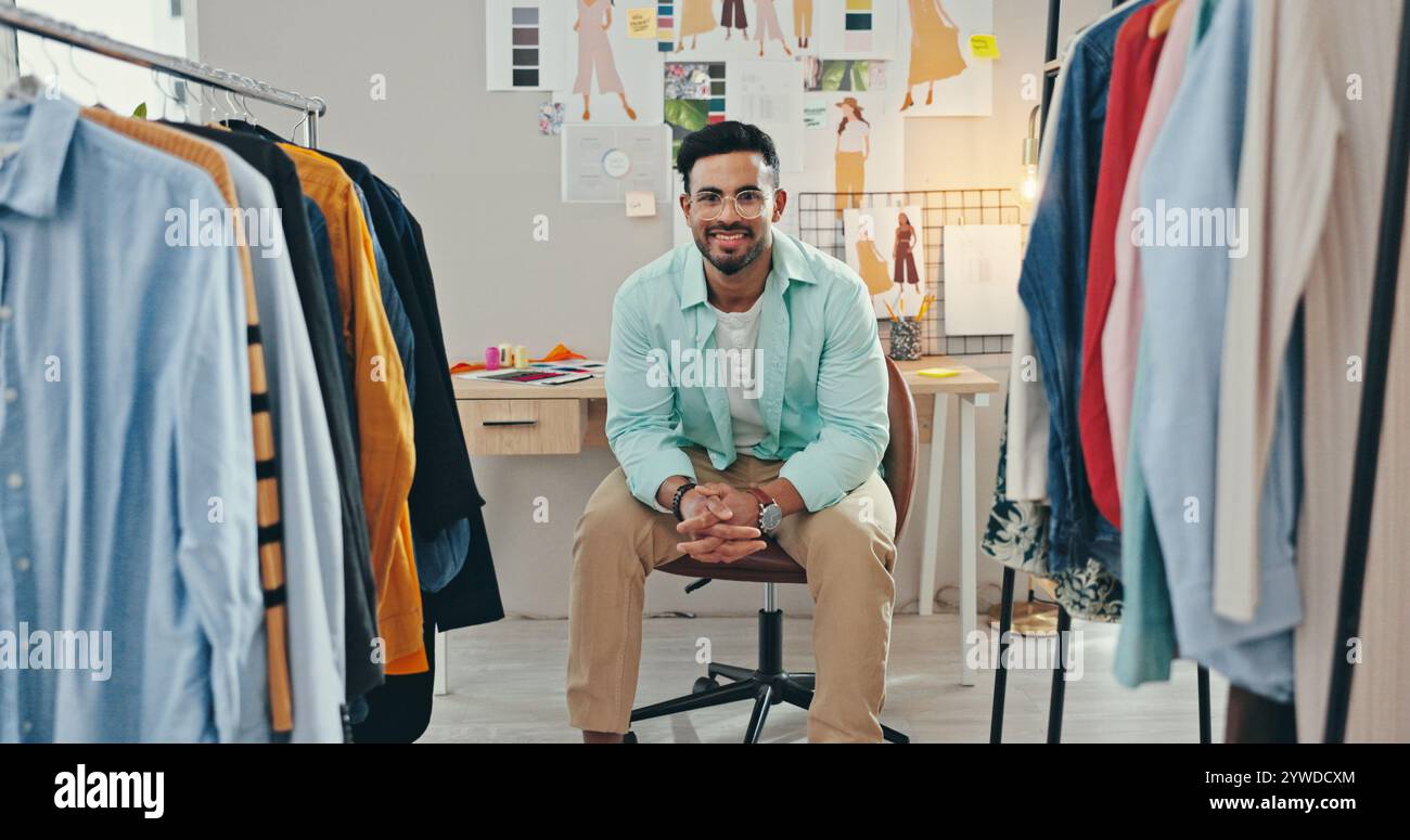 Clothing rack, creative and portrait of fashion designer man in textile ...
