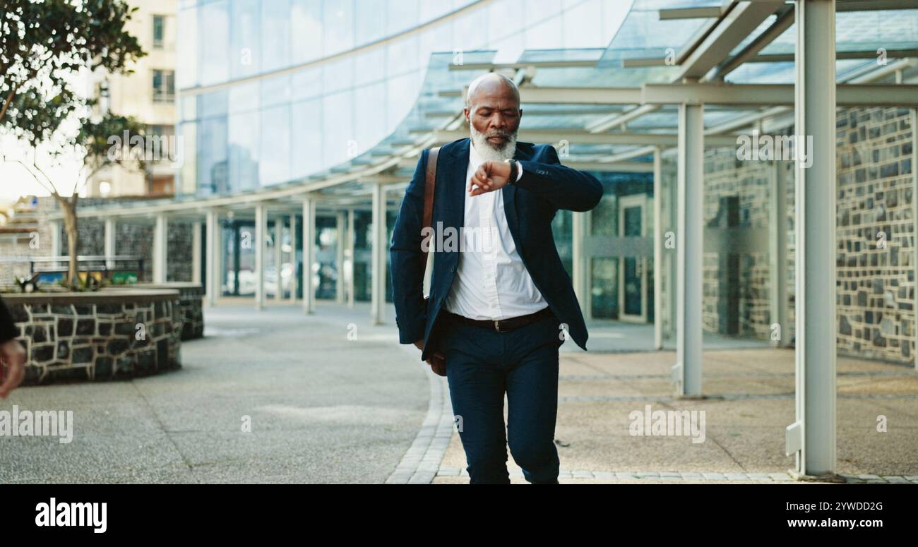Running, business man and check watch in city for urgent meeting ...
