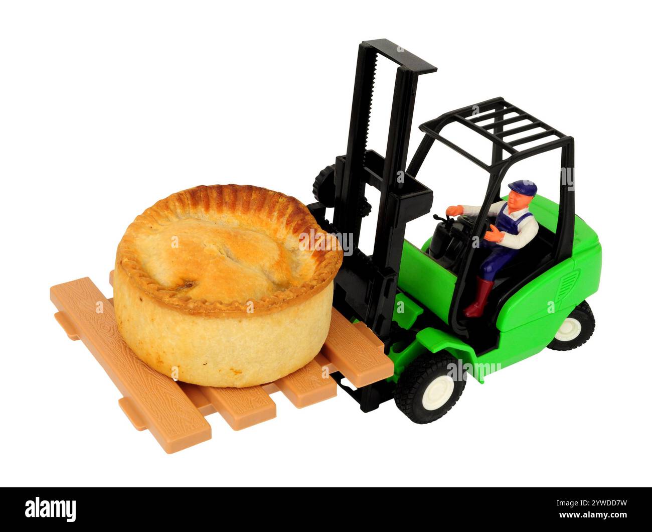 Toy forklift truck carrying a real meat pie isolated on a white ...