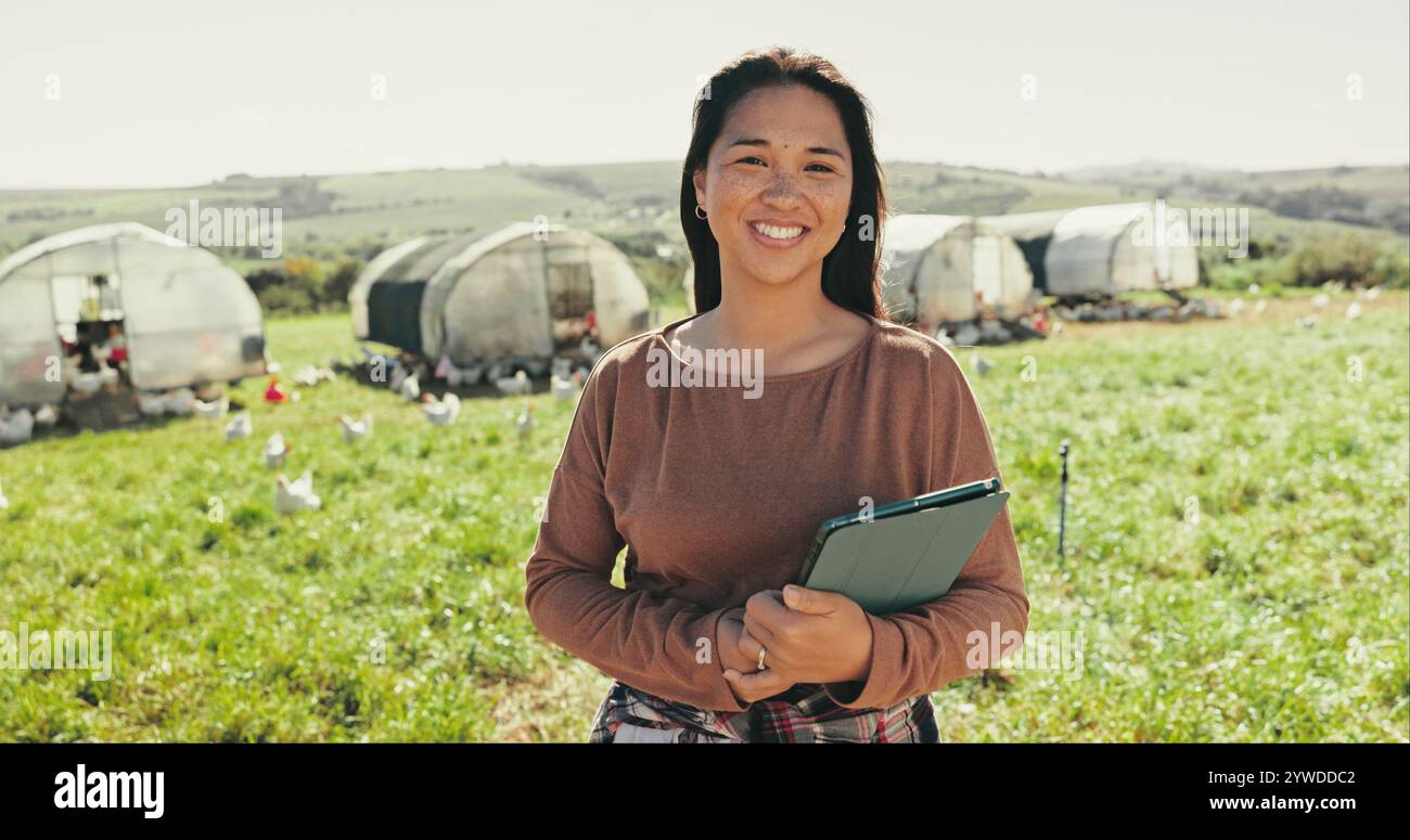 Portrait, farm and woman with tablet, agriculture and countryside with ...