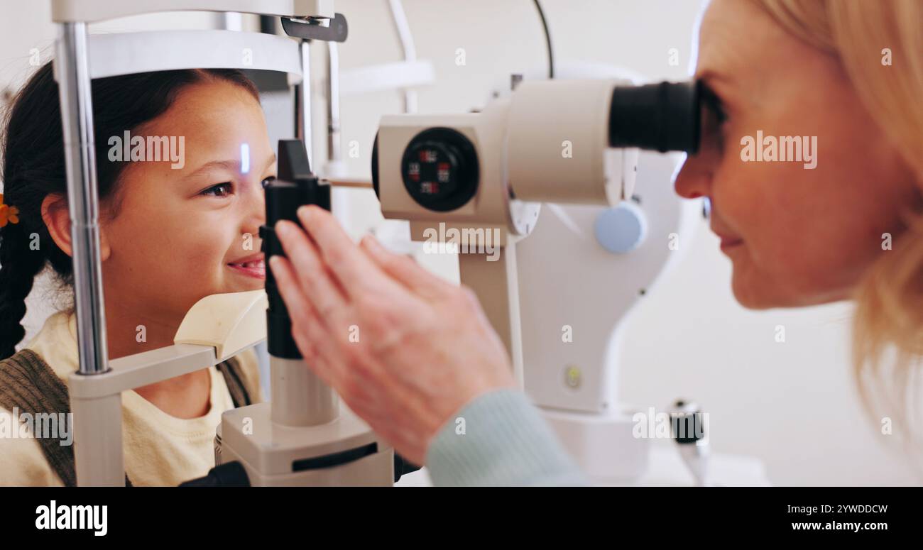 Doctor, child and examination with slit lamp for retina assessment, eye ...