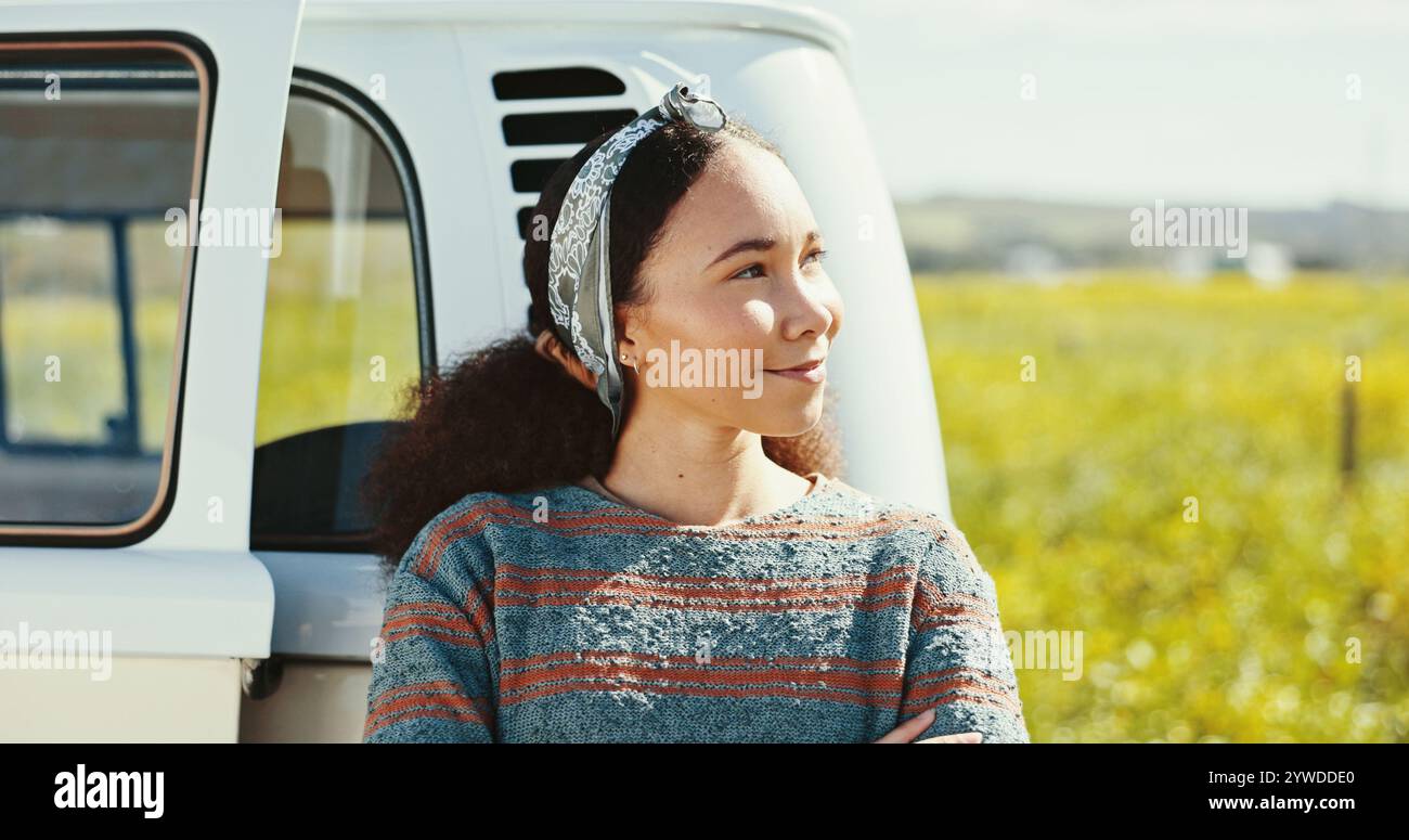 Smile, thinking and woman in countryside for road trip, outdoor ...