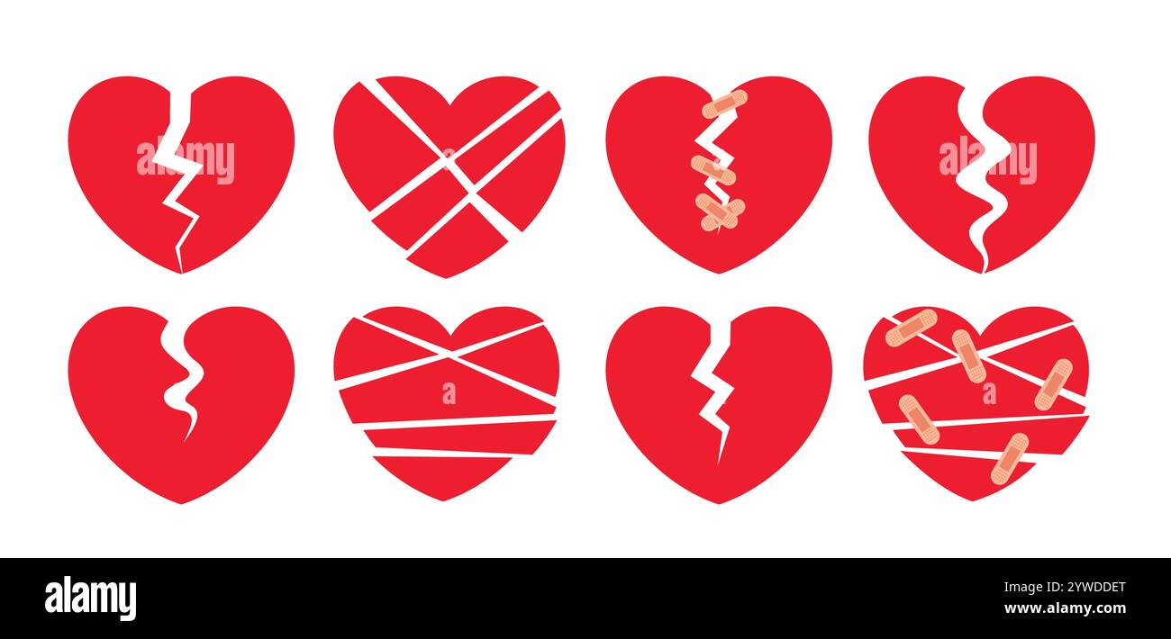 Broken heart shape clipart icon set. Red love heart clip art drawing in ...