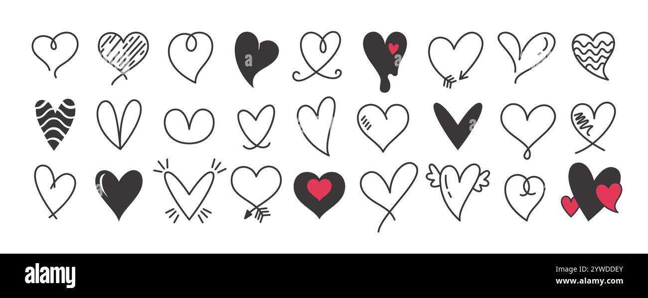 Heart outline doodle clipart black set. Black love heart icon drawing ...