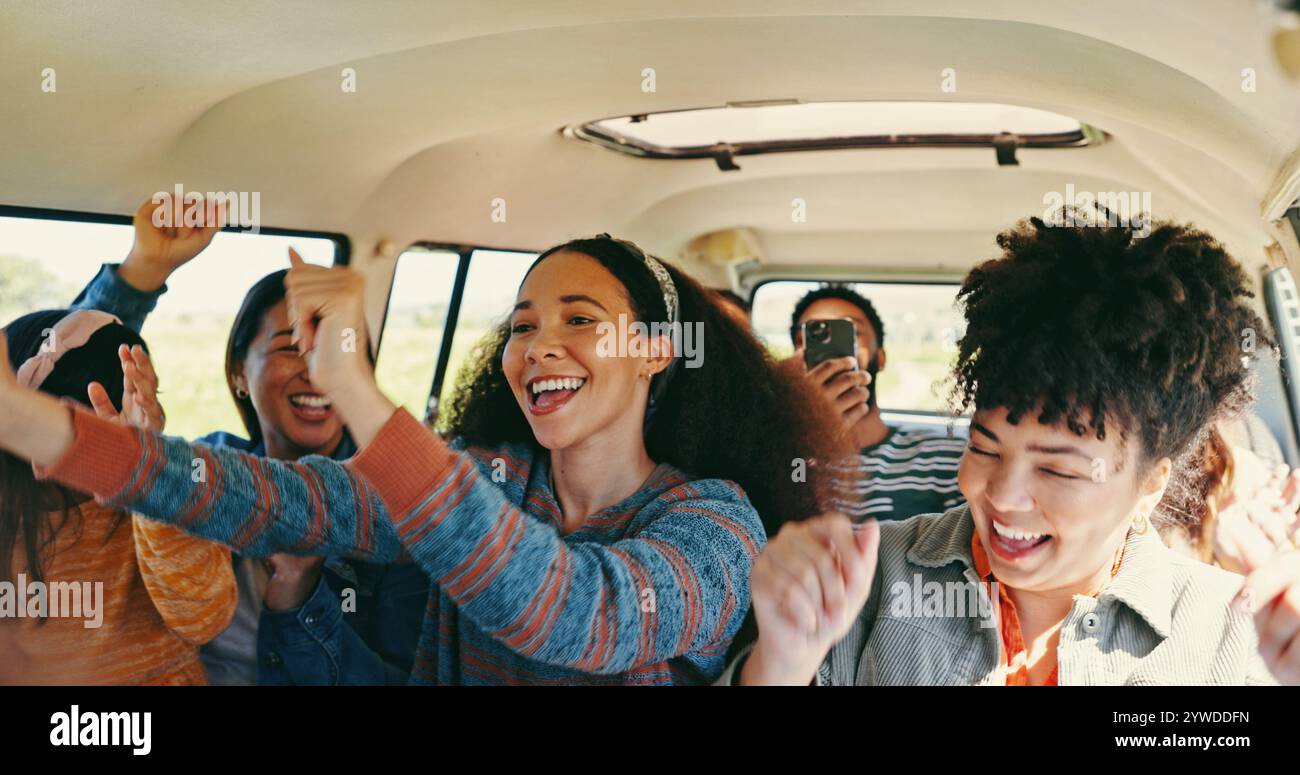 Excited, road trip and car with friends, dance and love for journey and ...