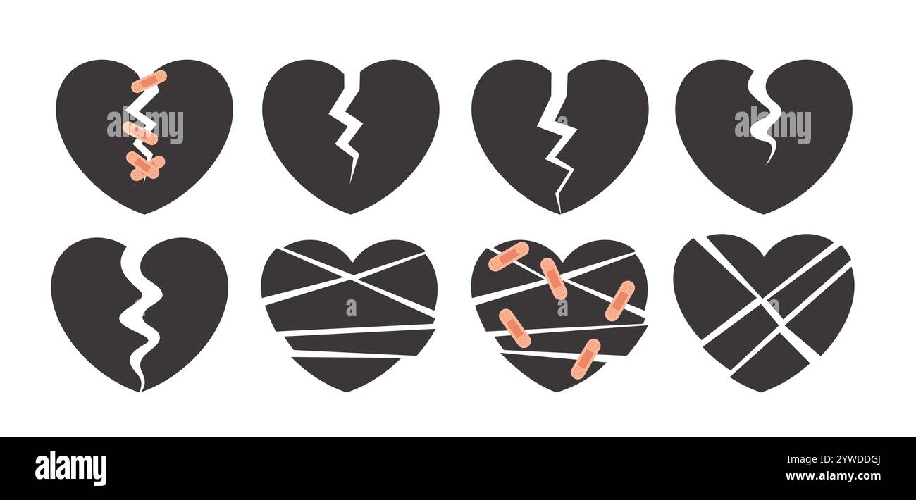 Broken heart shape clipart icon set. Black love heart icon in crack ...