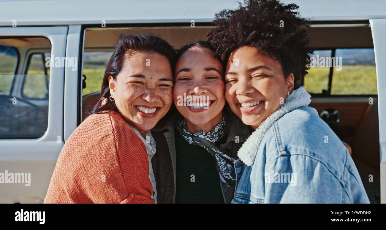 Group, road trip and car with women, smile and peace for journey and ...