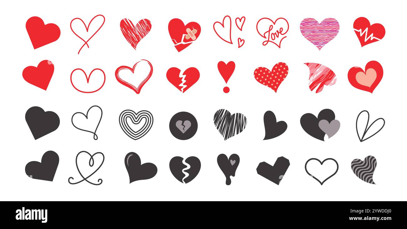 Heart icon clipart set for valentine's day. Red and black heart drawing ...