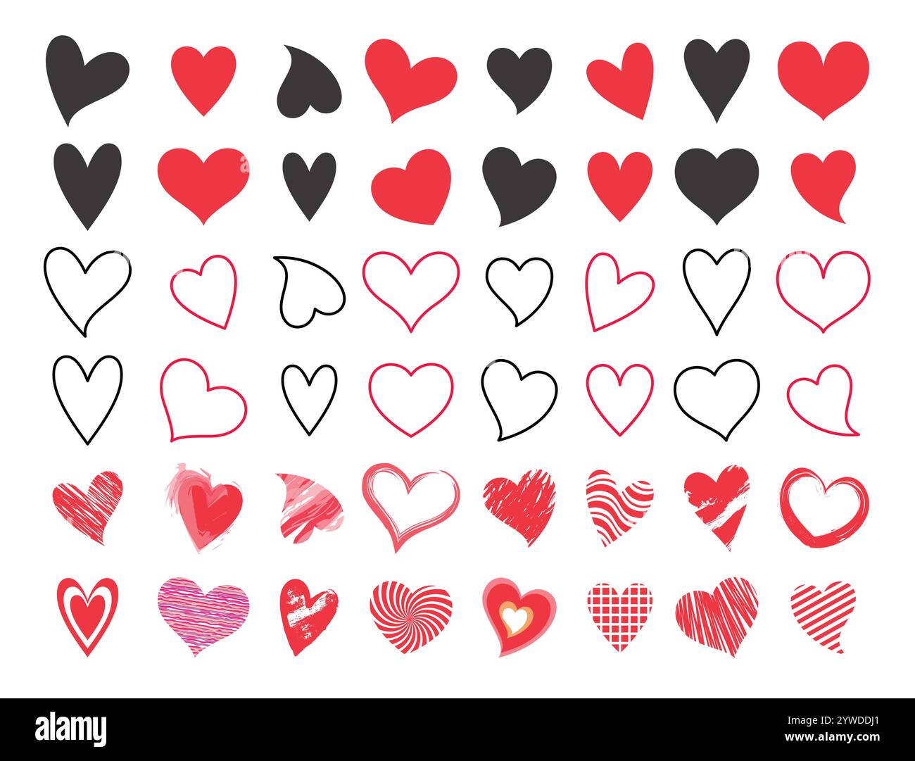 Heart drawing clipart outline valentine's day set. Red and black love heart shape icon clip art ...