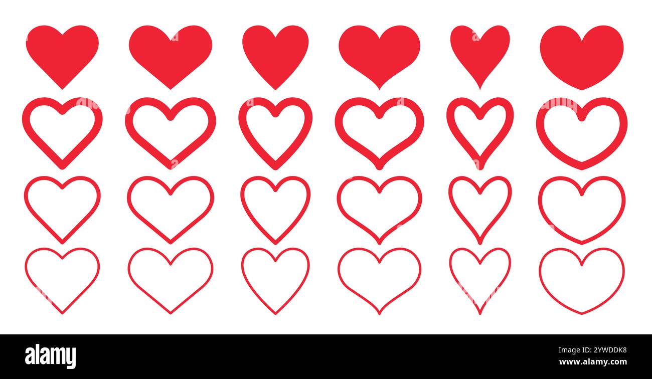 Heart shape outline clipart drawing set. Red love heart icon linear ...