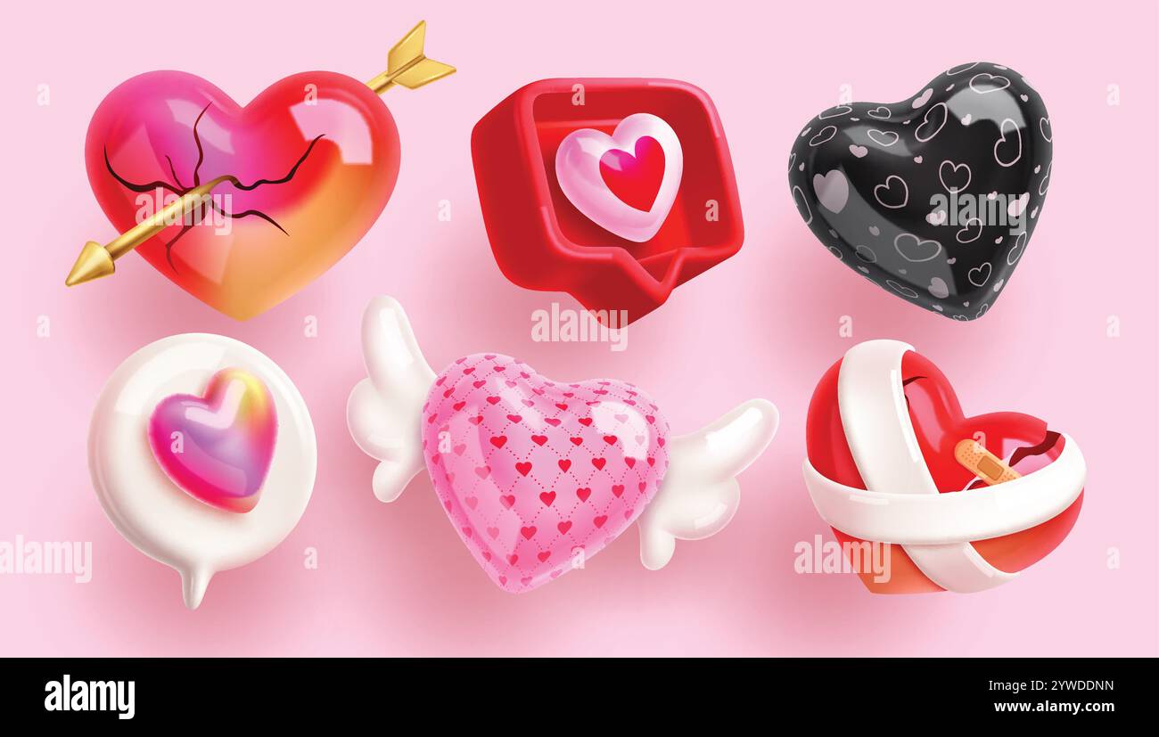 Love heart shape clip art set. Heart icon valentine symbol with cupid arrow, speech bubble ...