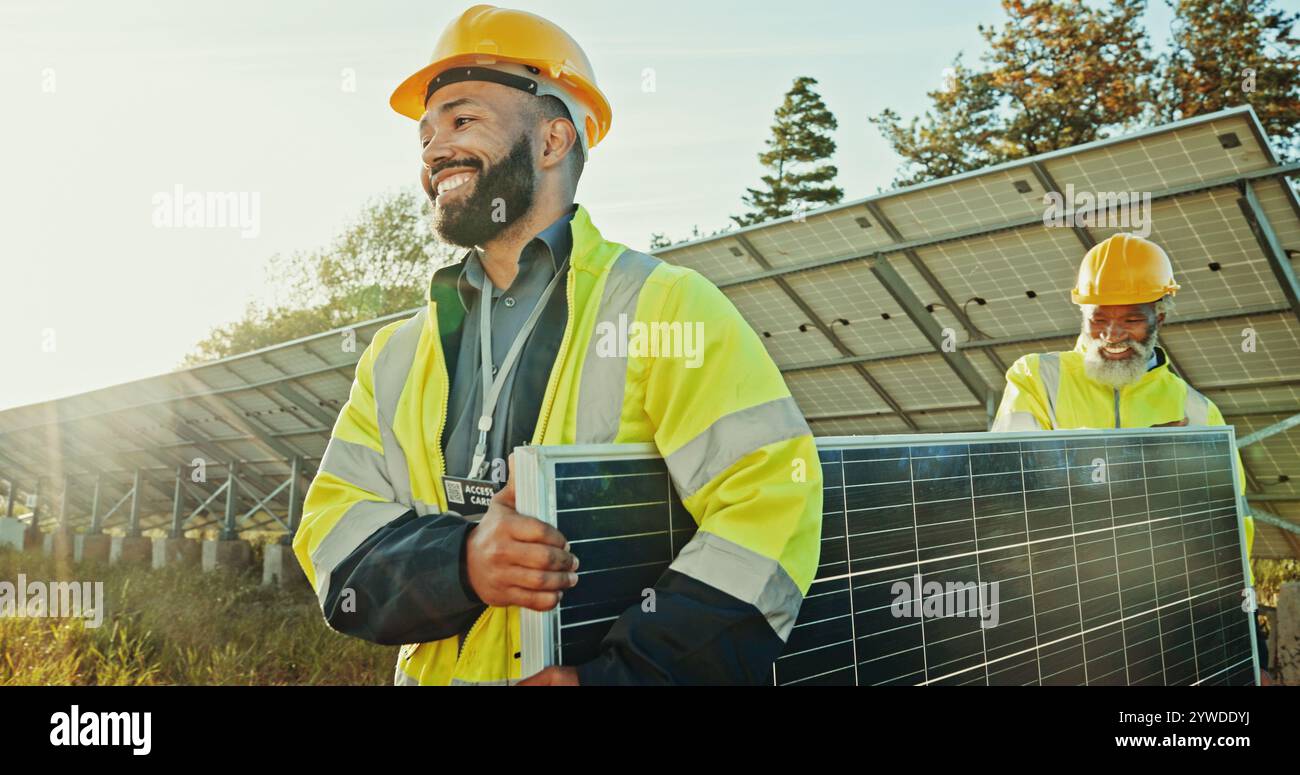 Solar panels, install and teamwork with people in nature for ...