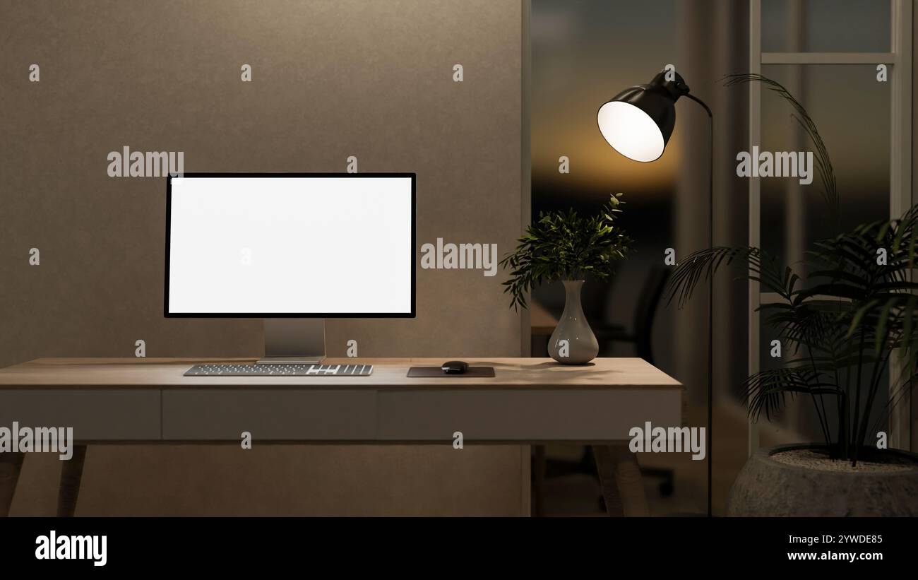 A modern, cozy office at night, featuring a computer with a white ...