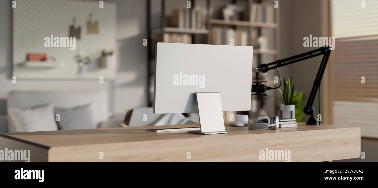 A back view of a modern, minimalist home radio podcast office workspace ...